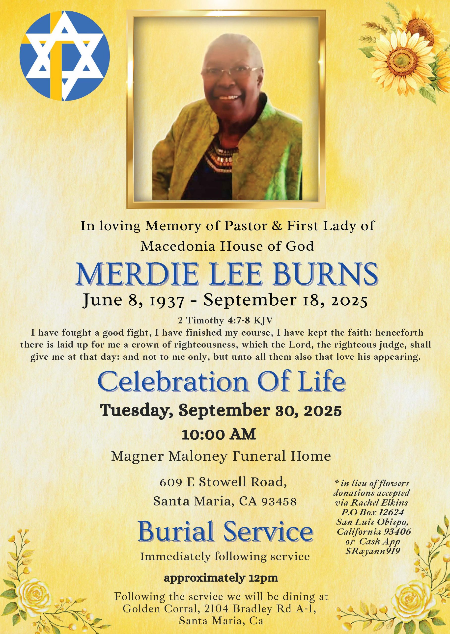 Official Announcement: The passing of Elect Lady Merdie Burns – House ...